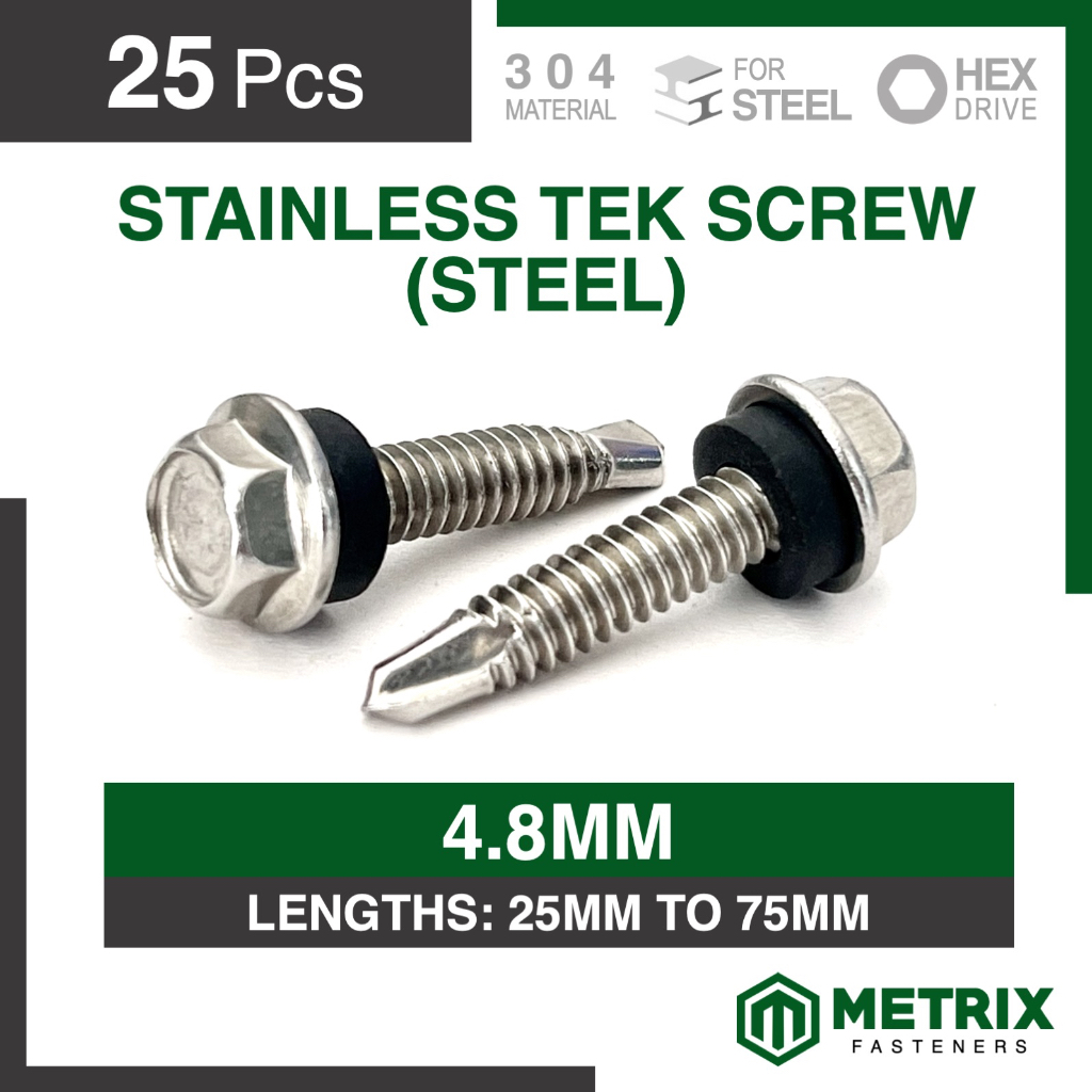 25pc Stainless Tek Screw Steel / SS304 Tek Screw / Hex Flange Drilling ...