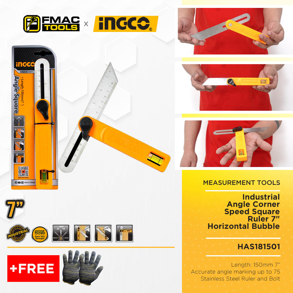 INGCO Industrial Angle Corner Speed Square Ruler 7" Horizontal Bubble ...