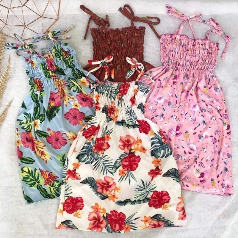 RK18 Smocked Dress kids Sexy Dress Spag dress Assorted Print | Shopee ...