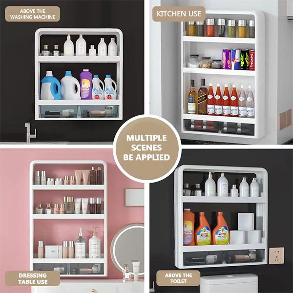 Multilayer Bathroom Rack with Drawer & Hooks No Drill Lnstallation ...