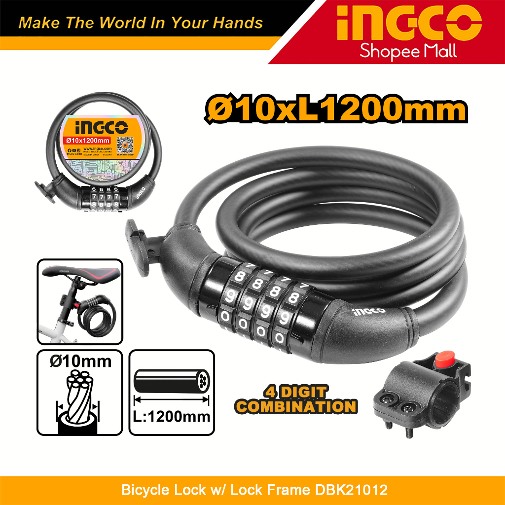 Ingco 4-Digit Combination Bicycle Lock With Lock Frame 10x1200mm Cable ...