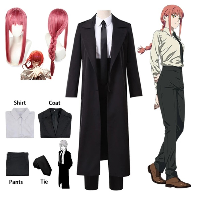 Makima Cosplay Costume Anime Chainsaw Women Black Trench Shirt Tie ...
