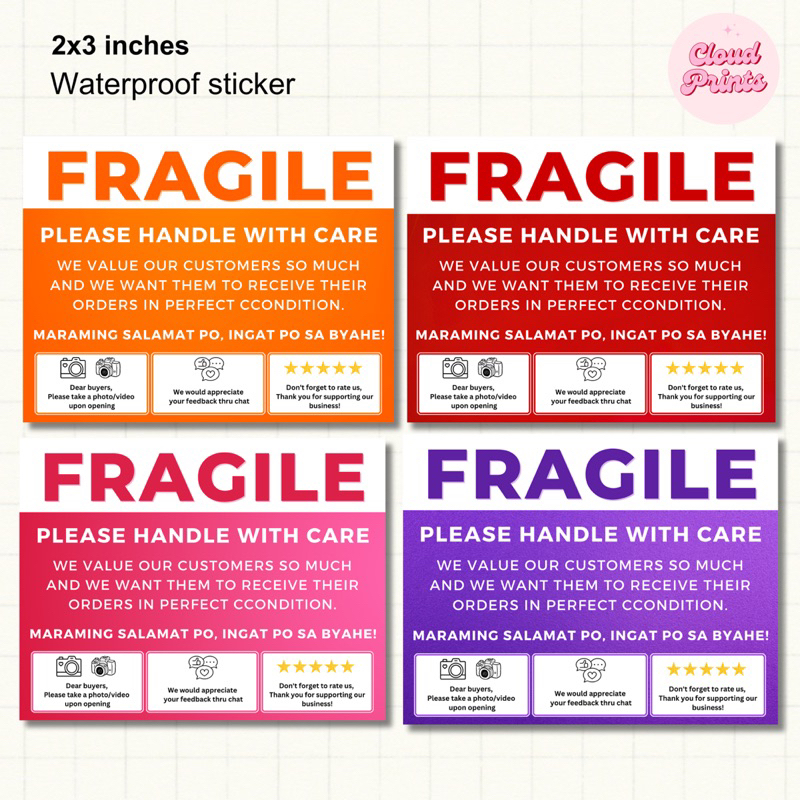 Fragile Sticker waterproof 60/200pcs 2x3in (pink,violet,orange etc ...