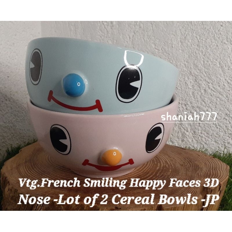 Vtg.French Smiling Happy Faces 3D Nose -Lot of 2 Cereal Soup Bowls -JP ...