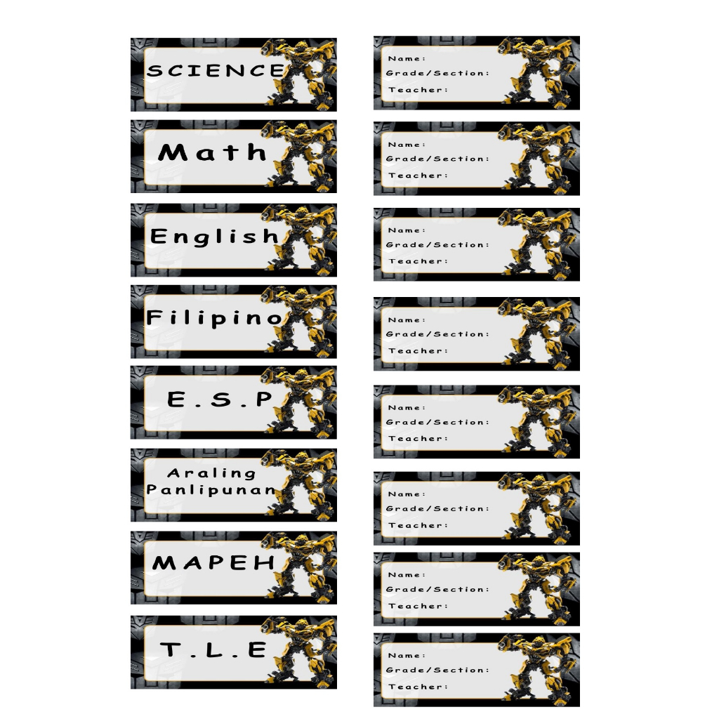 transformer name and subject sticker set (8subject 8name label ...