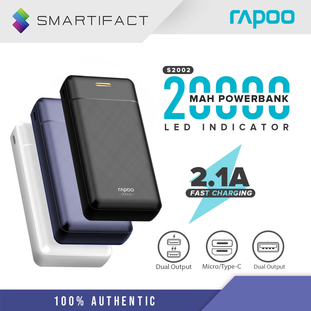 Rapoo S2002 20000mAh Powerbank Lithium Polymer Dual Output Fast Charging High-Capacity Power ...