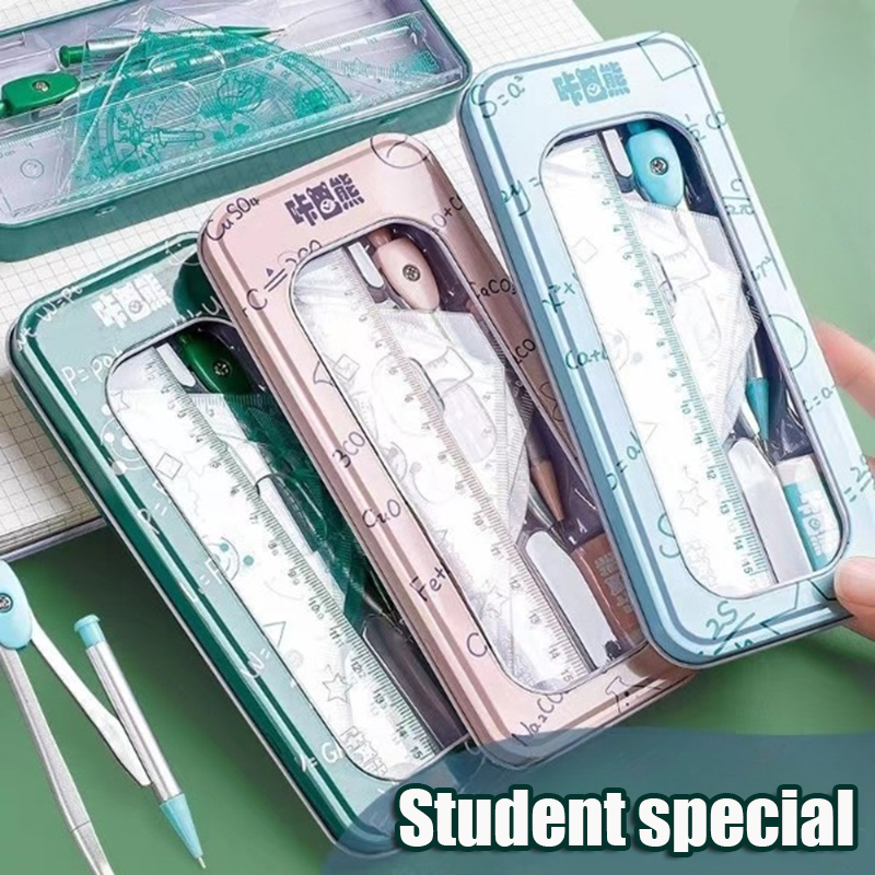 8Pcs Math Set Compasses Ruler Triangle Square Ruler Students Stationery ...