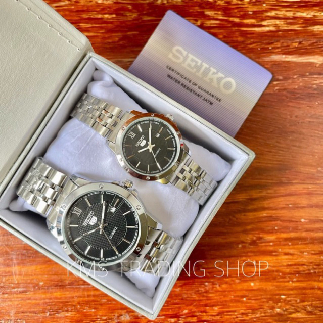 New! Seiko 5 Quartz Couple Watch with Date Stainless Steel Non Tarnish ...