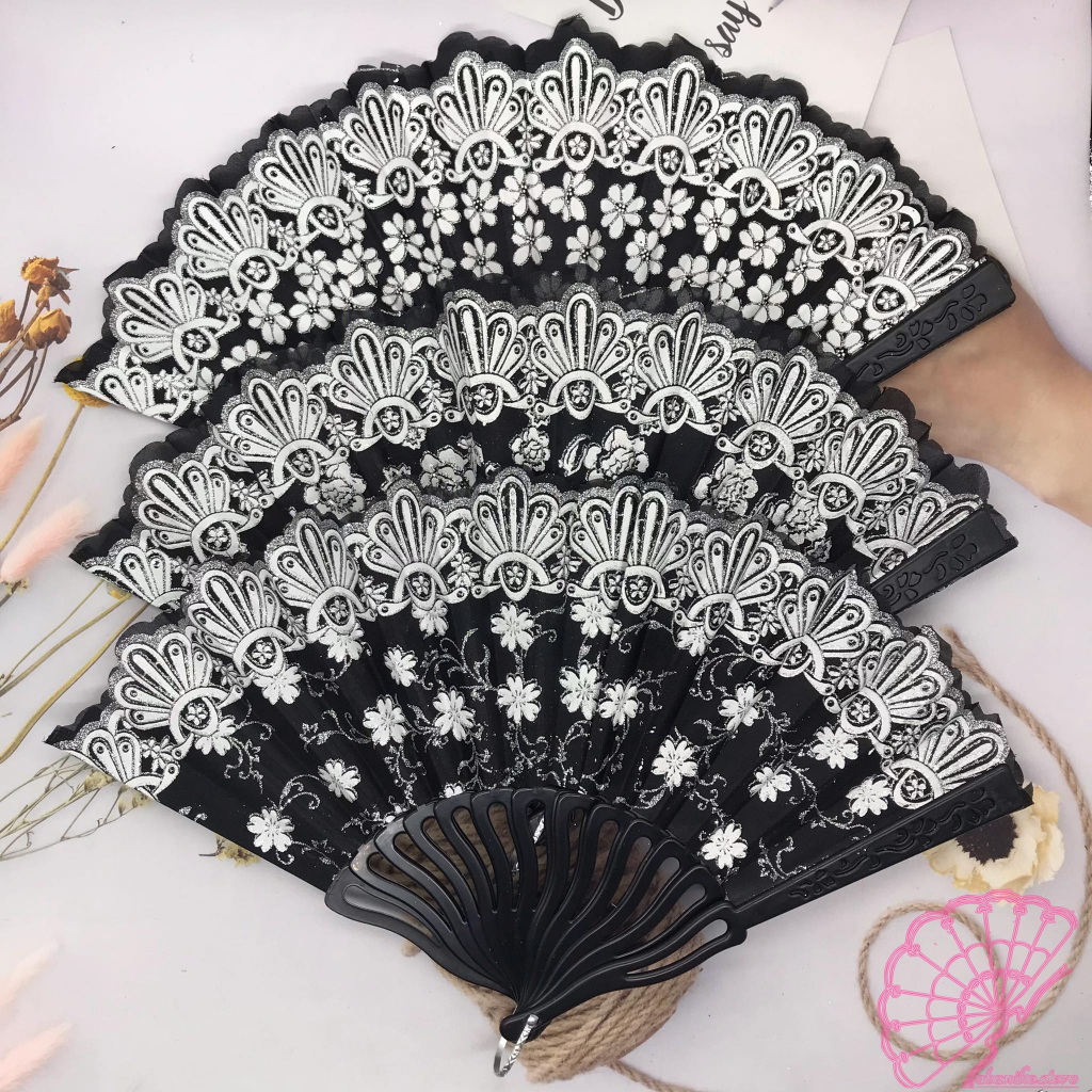 Hand held folding fan silver glitters black handle fan | Shopee Philippines