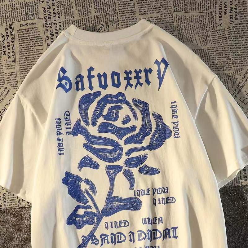 Vintage High Street Rose Pattern PrintedT-shirt Men's and Women's Plus ...