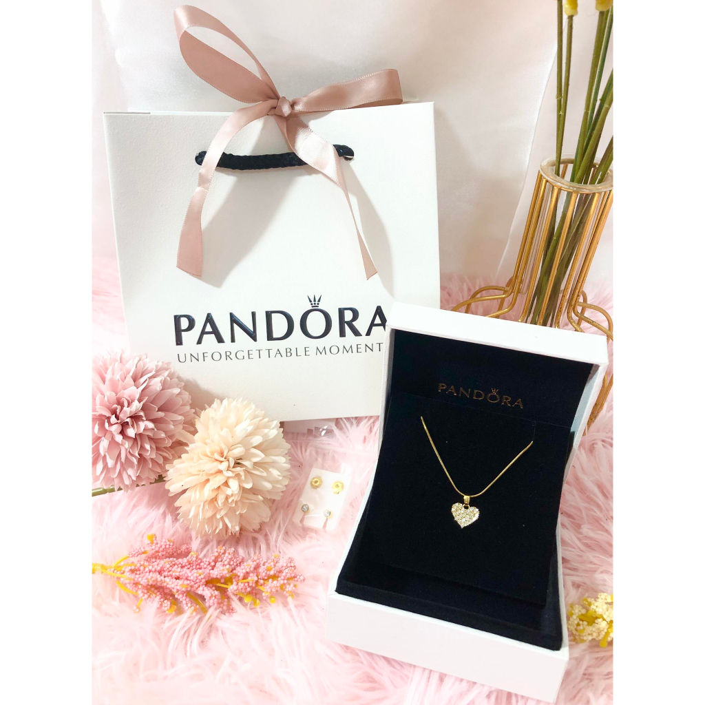 Pandora Diamond Heart Studded Necklace with Box and Earrings Gold ...