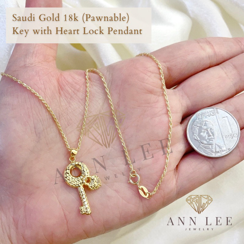 Pawnable Real Saudi Gold 18k Key with Heart Lock Pendant and Necklace ...
