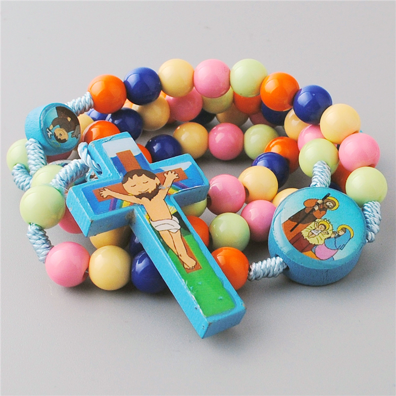 HH Blue Cord Rosary Multi Colorful 8mm Beads Rosaries Gift with Wooden ...