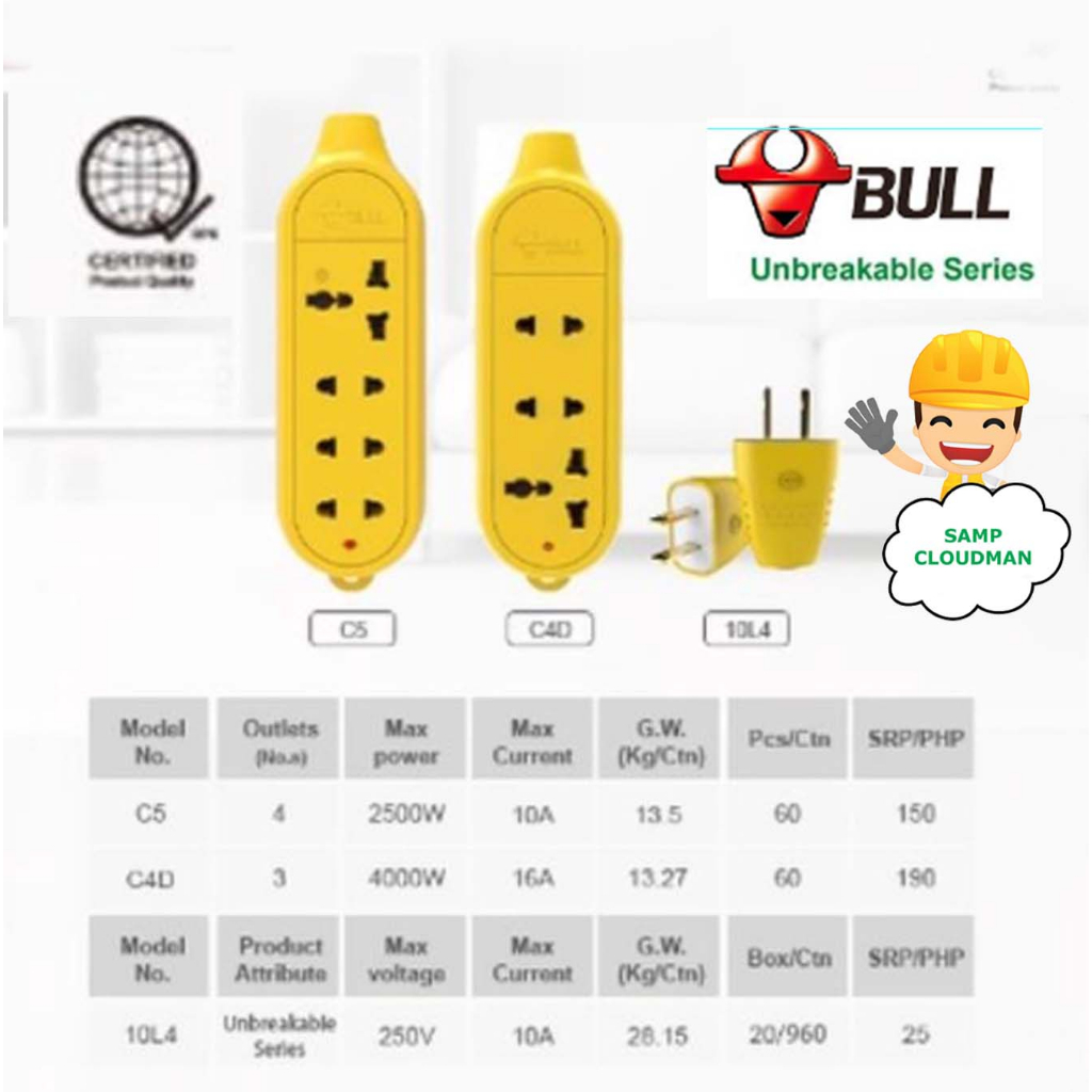 BULL Unbreakable Heavy Duty Extension Outlet 3 or 4 Gang 4000W/2500W 16A/10A 220V-250V Tough ...