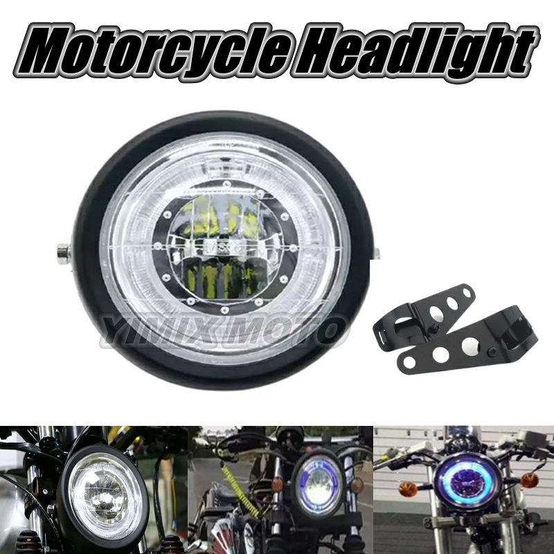 Motorcycle Blue LED Angel Eye Headlight Universal Retro 6.5" Headlamp ...