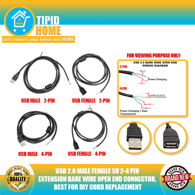 USB 2.0 MALE FEMALE 5V 2-4 PIN EXTENSION BARE WIRE OPEN END CONNECTOR ...