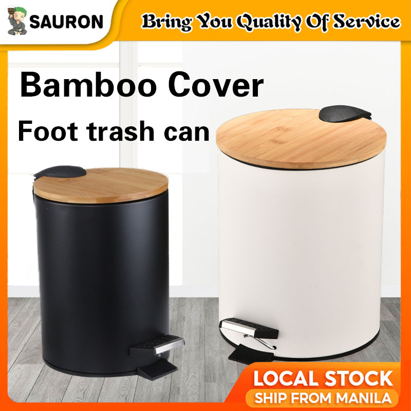 5L Bamboo Cover Trash Can Large Capacity Detachable Foot-operated Type ...