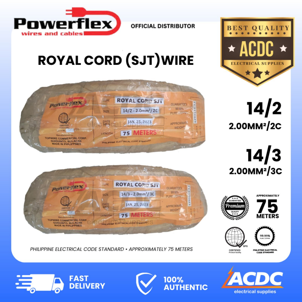 14/2, 14/3 (2.0mm2) Royal Cord Powerflex Wire 75Meters 2C , 3C ...