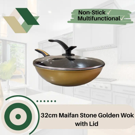 Non stick Mai fan Stone wok Green Red and Gold with Lid 32cm | Shopee ...