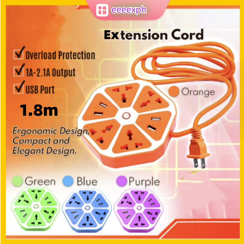 Hexagon Extension Cord With Multi-Sockets & Up to 4 USB Ports, Multiple ...