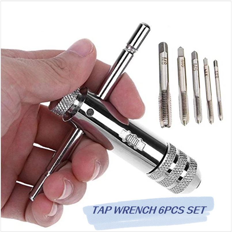 Adjustable Silver T-Handle Ratchet Tap Holder Wrench with 5pcs M3-M8 3mm-8mm Machine Screw ...