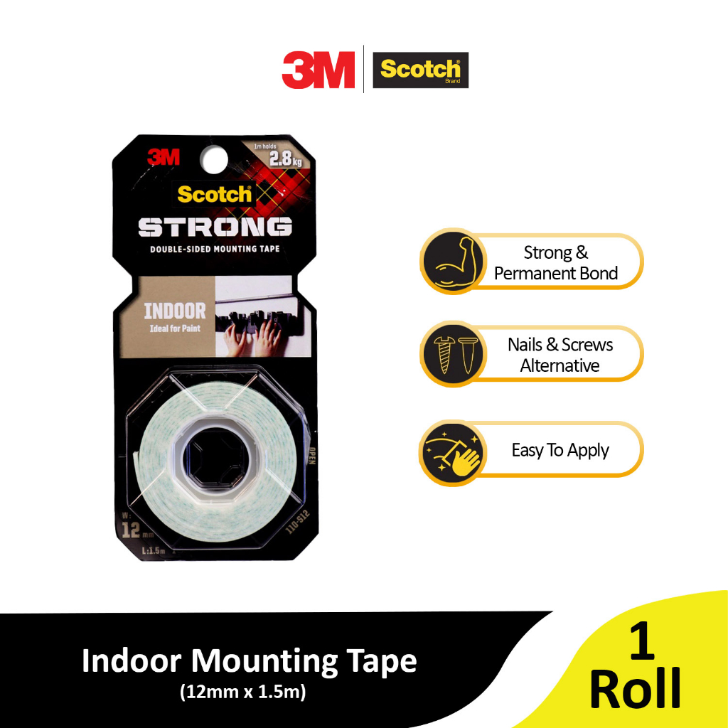 3M Scotch Indoor Double Sided Mounting Tape, Holds Up to 2.8kg, 1pc/pack, 12mm x 1.5m MS110S12 ...