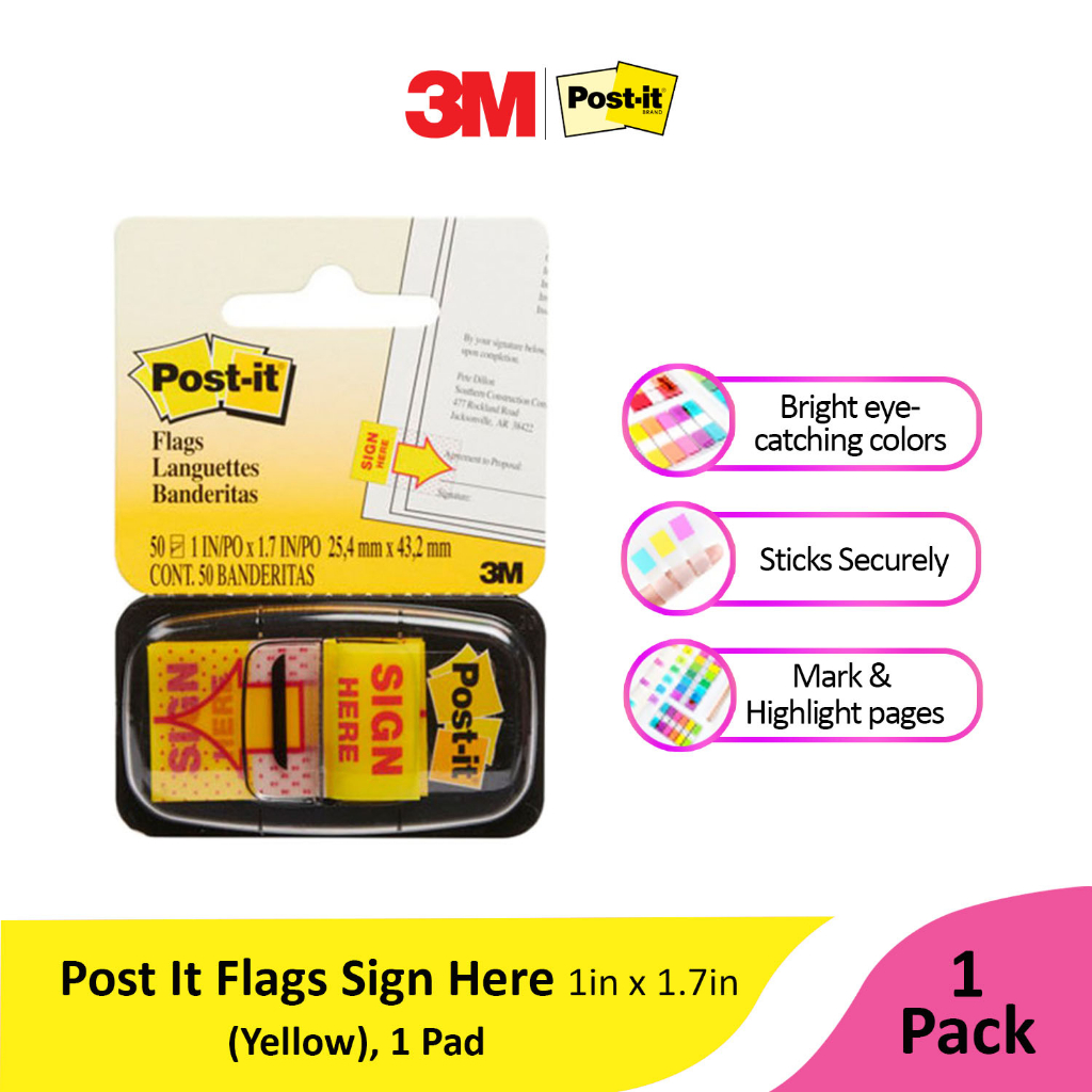 3M Post-it Flags, 1 in x 1.7 in, 50 FL/PD, 36/CV 680-9 Sign Here ...
