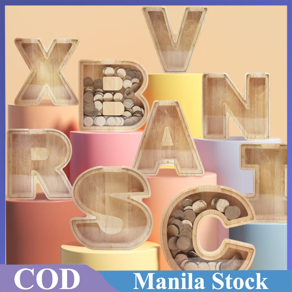 26 Letters Wooden Piggy Bank Storage Coin Box DIY Name Alkansya Coin ...