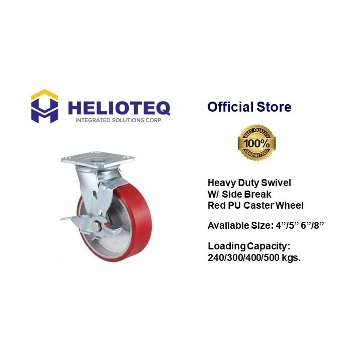 HEAVY DUTY CASTER WHEEL RED PU SWIVEL TYPE WITH SIDE BREAK SIZE 4INCH ...