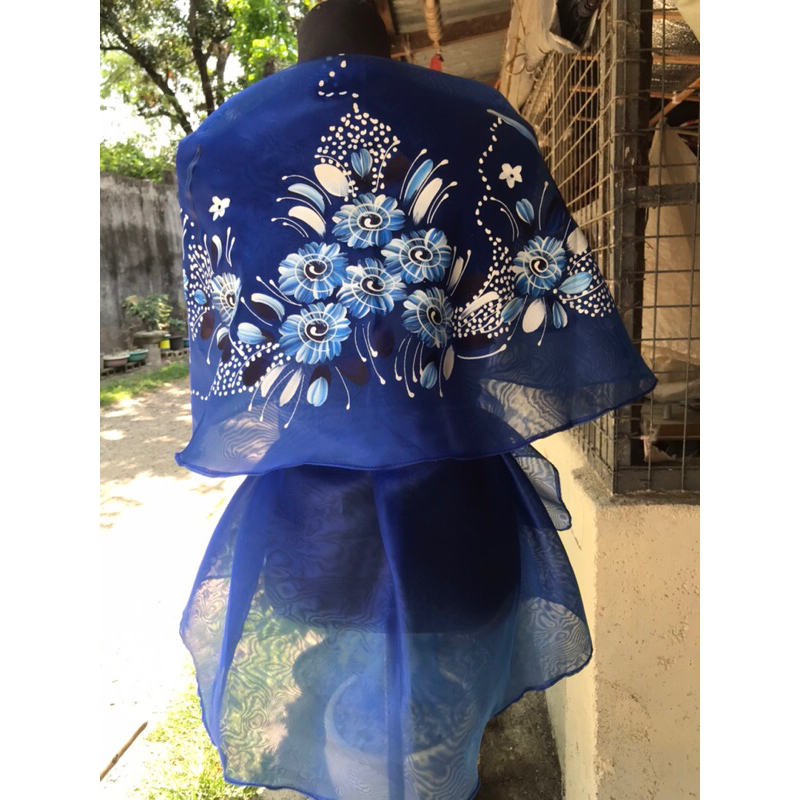 Millys Modern filipiniana Royal blue panuelo alampay /hand paint ...
