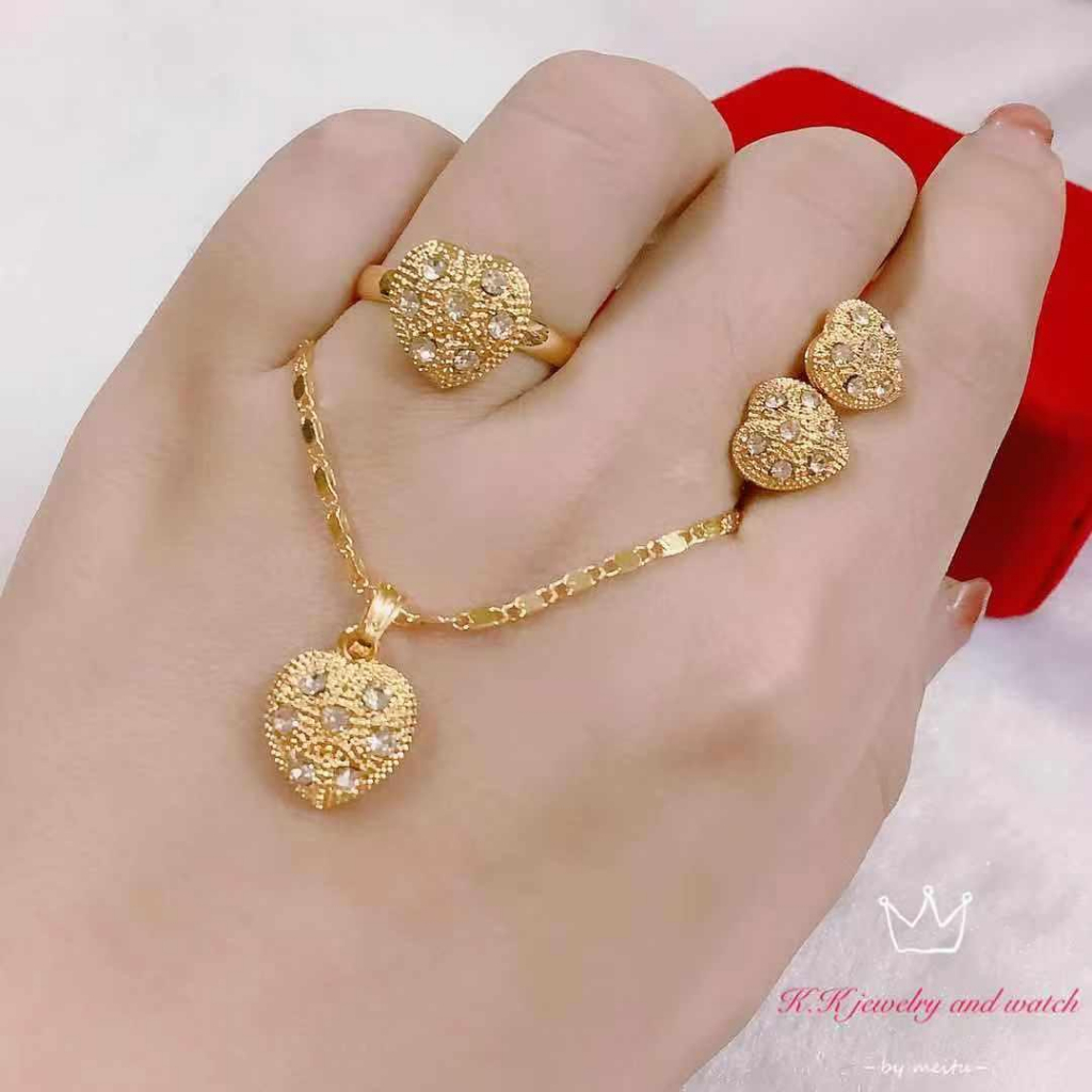 14k Bangkok gold 3in1 earrings necklace ring size adjustable | Shopee ...