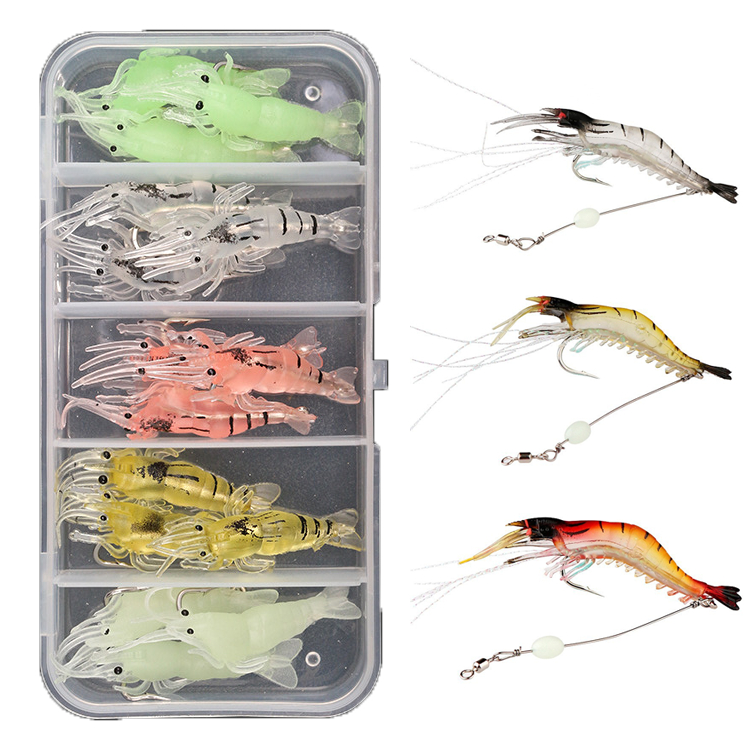 15Pcs Shrimp Lure With Hook and Free Lure Box 5 Color Soft Bait Fishing Lure Artificial Bait ...