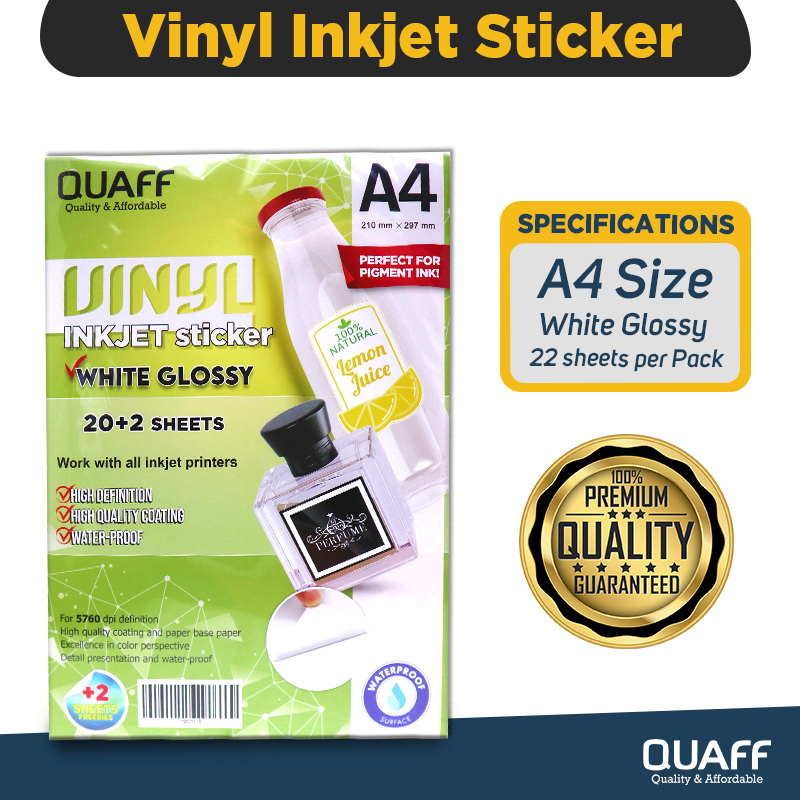 QUAFF (Waterproof) Vinyl Inkjet Sticker A4 White glossy (20sheets ...