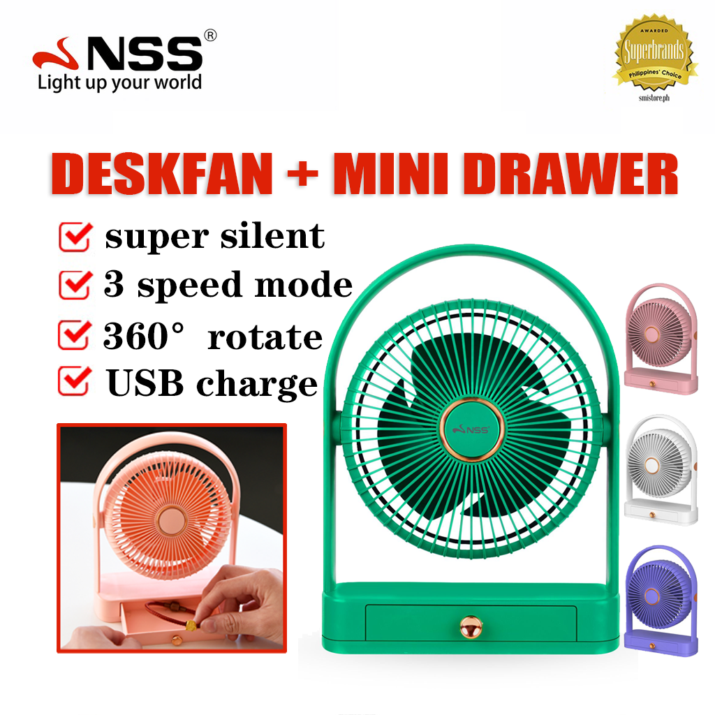 NSS Desk Mini Fan with Drawer Table Fan 3 Speed Portable Small Electric ...
