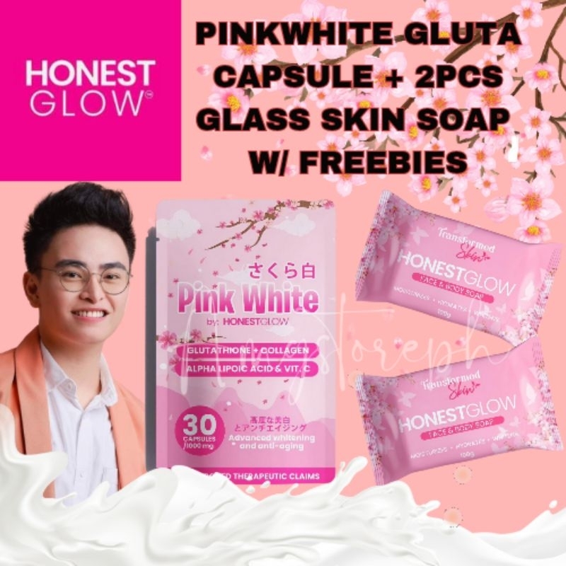 HONESTGLOW PINKWHITE GLUTA CAPSULE + 2PCS GLASS SKIN SOAP WITH FREEBIES ...