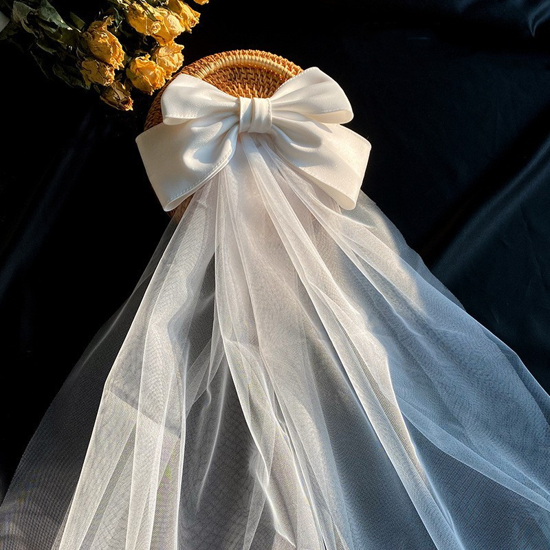 FSF Bow Headdress Wedding Photo White Satin Mesh Hairpin Bridal Hair ...