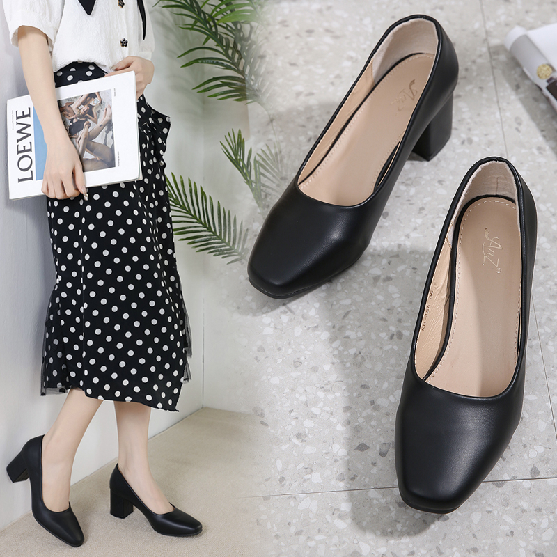 [JOAN ] Korean fashion square toe black leather 2 inch high heels ...