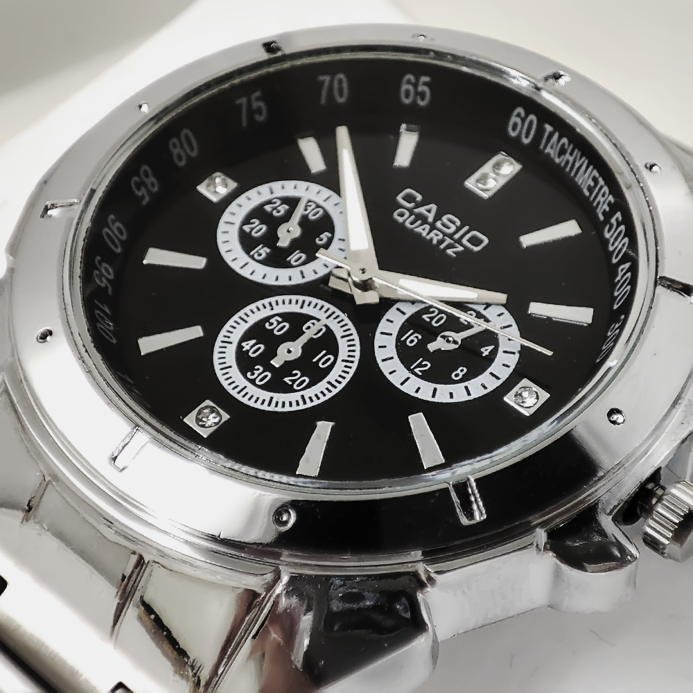 Casio Tri Chrono Black Dial Stainless Steel Watch for Men Silver Casual ...