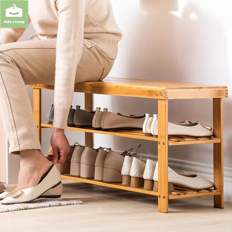 60/80CM 2Layer Bamboo Shoe Stool Cabinet Shoe Rack Stool Storage Modern ...