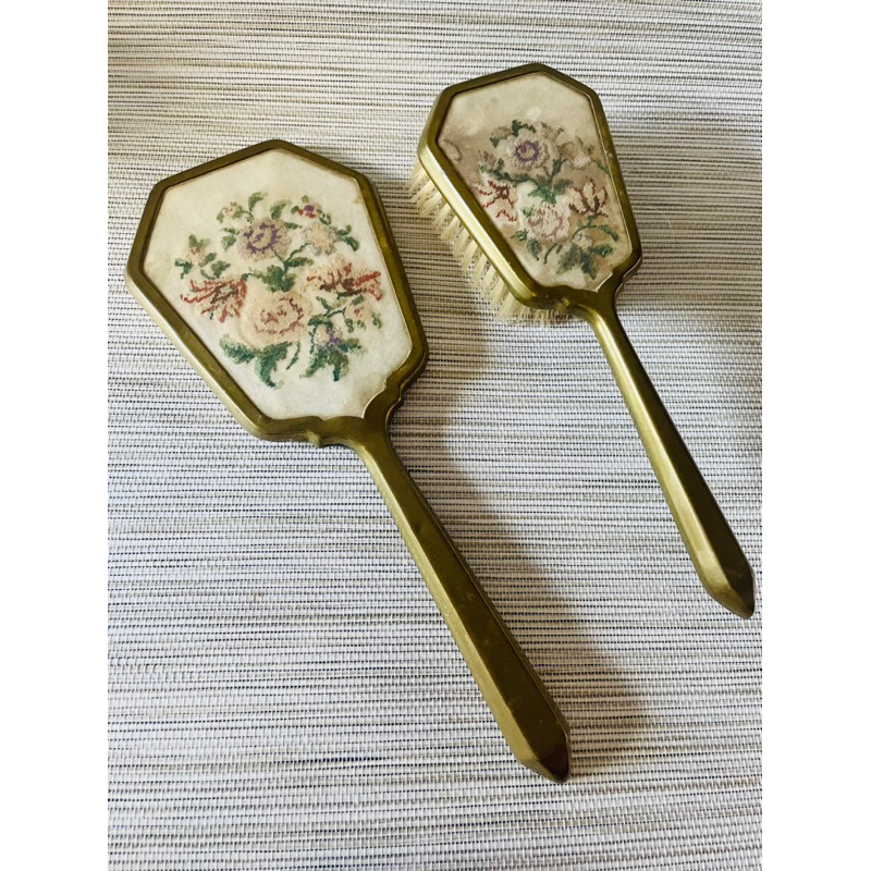 Vintage Made In UK Petit Point Victorian Brass Hairbrush Mirror Set ...