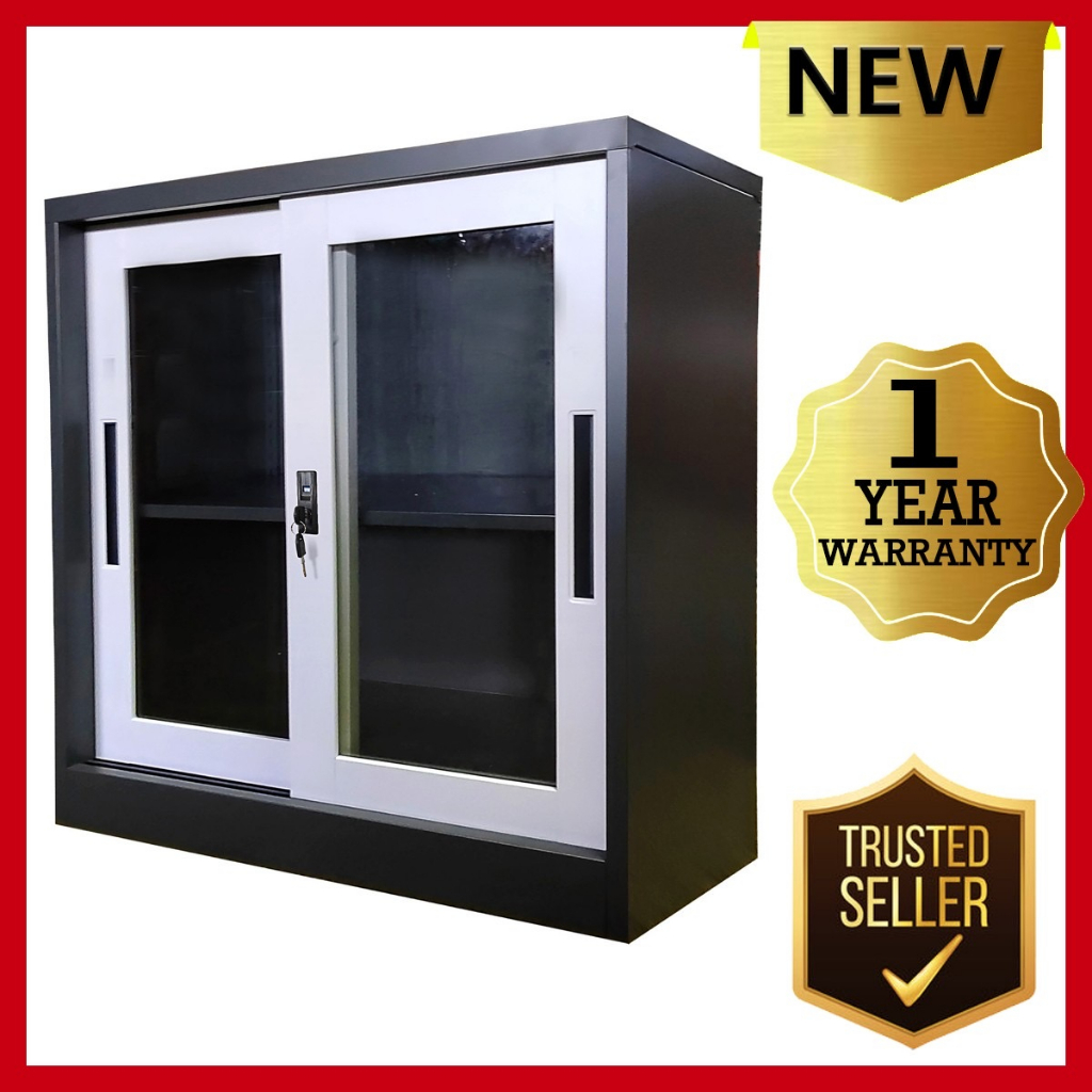 2-Layer Glass Sliding Door Steel Cabinet (White, Grey+White) | Shopee ...
