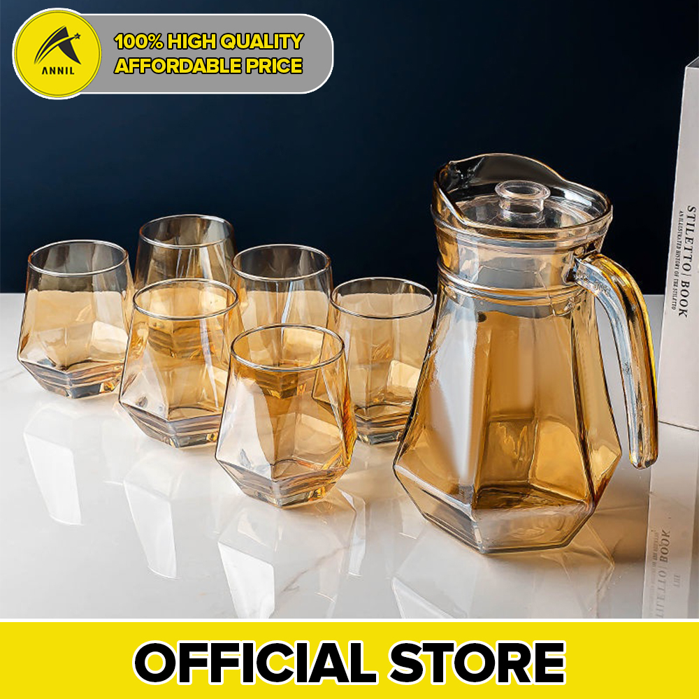 Annil Drinking Glass Set Gold Hexagonal Diamond Pitcher With 6 Drinking ...