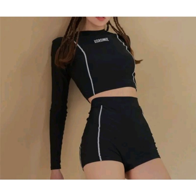 Two Piece Black Crop Top Rash Guard Small with White Stitch Accent and ...