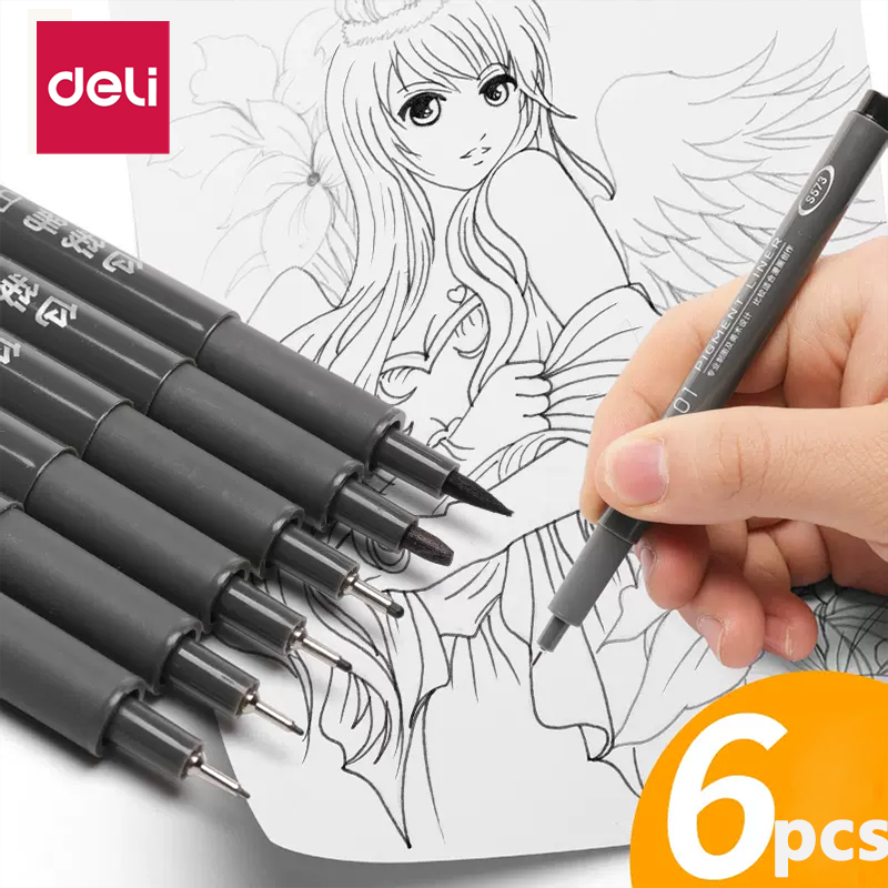 Deli 6Pcs Precision Multiliner Drawing Pens Waterproof Anime Pens ...