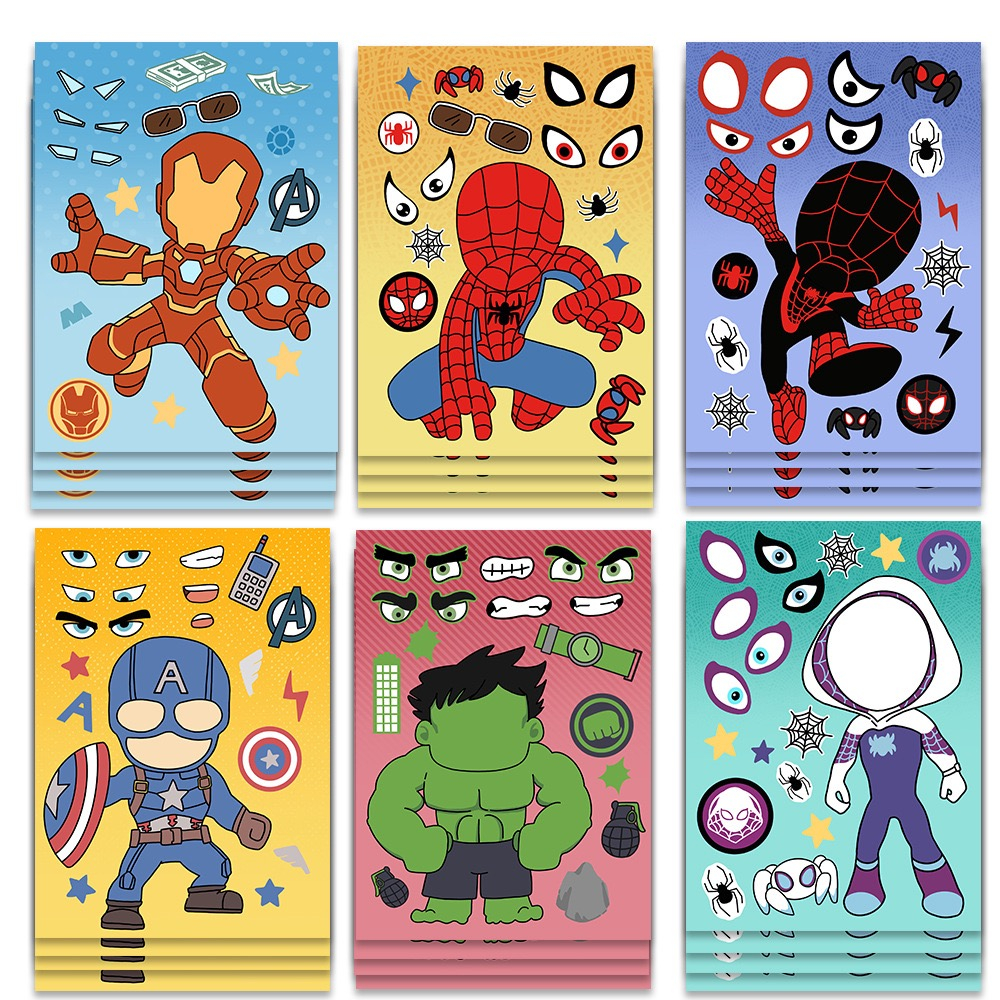 8 Sheets/set Superhero Stickers DIY Sticker Make A Face Assemble Jigsaw ...