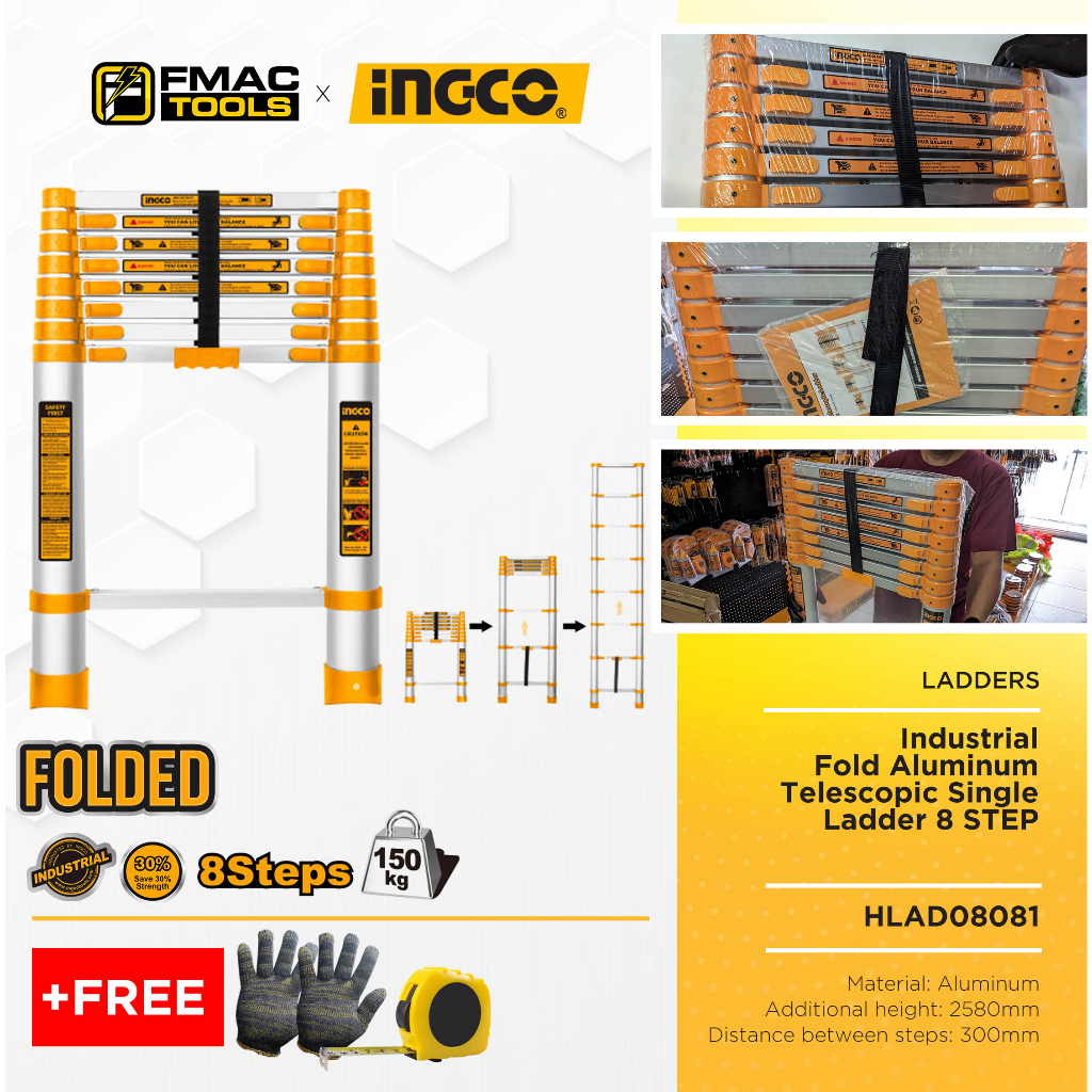 INGCO Industrial Fold Aluminum Telescopic Single Ladder 8 STEP ...