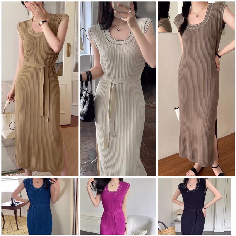 #8503 Korean Knitted Sleeveess Plain Midi 2Slit Dress w/belt | Shopee ...