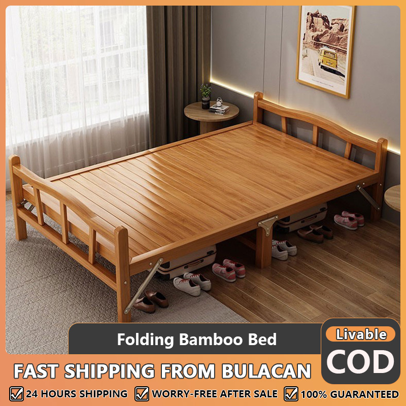 Folding bed Queen size bed Bamboo bed solid wood hard board bed lunch ...