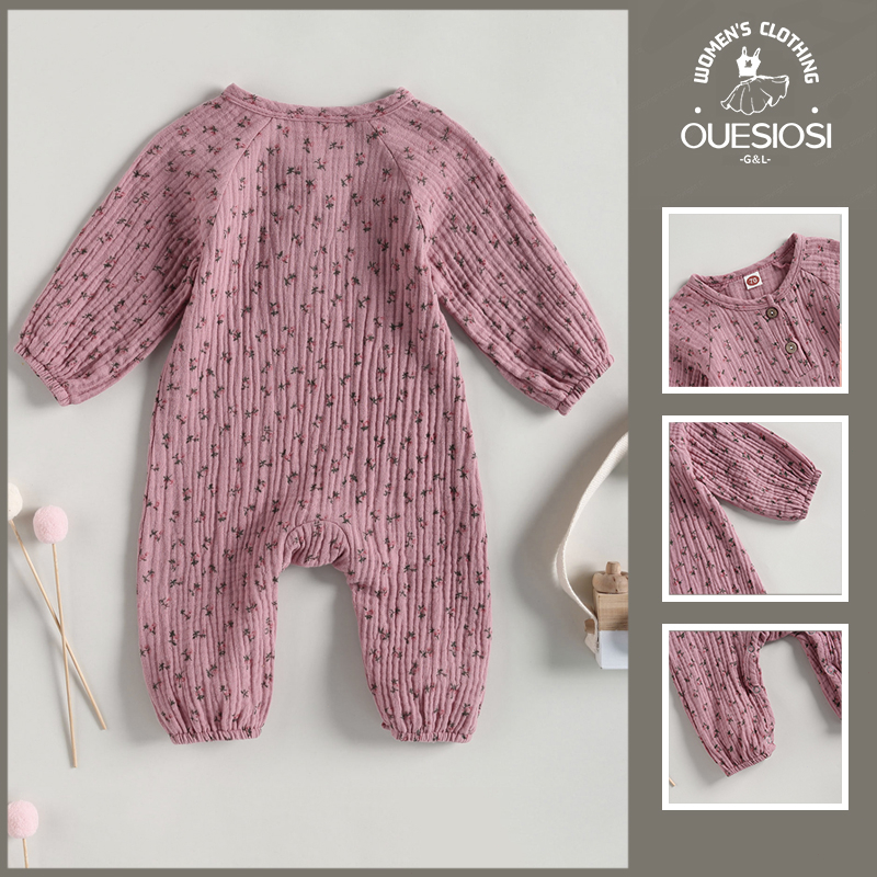 Baby Girl Spring Romper, Long Sleeve Button Up Round Neck Floral Print ...