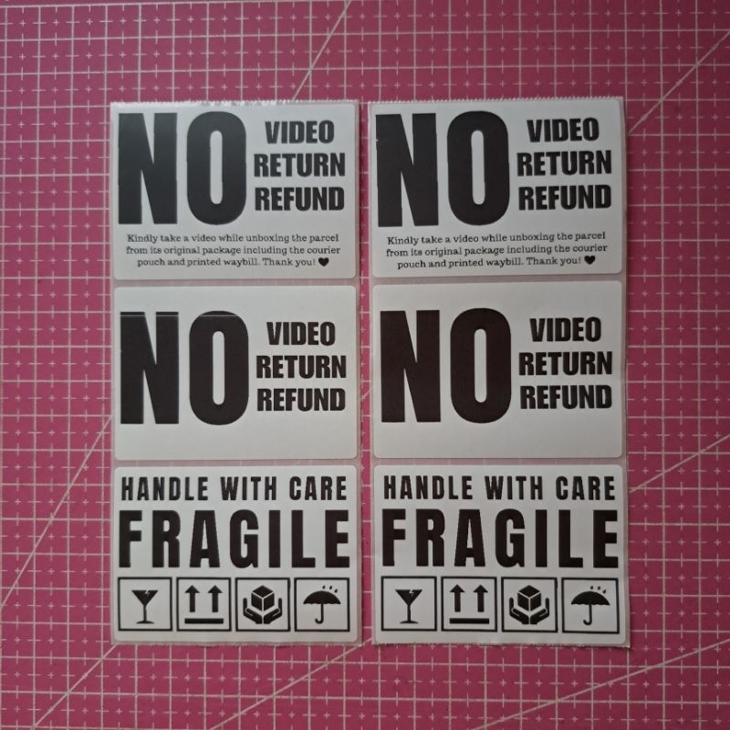 FRAGILE / NO VIDEO/RETURN/REFUND THERMAL PRINT STICKER (Black & White ...